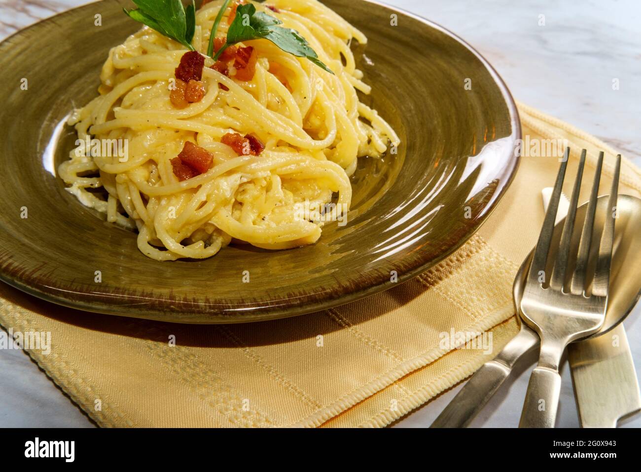 Creamy Italian cuisine spaghetti alla carbonara with pancetta and ...