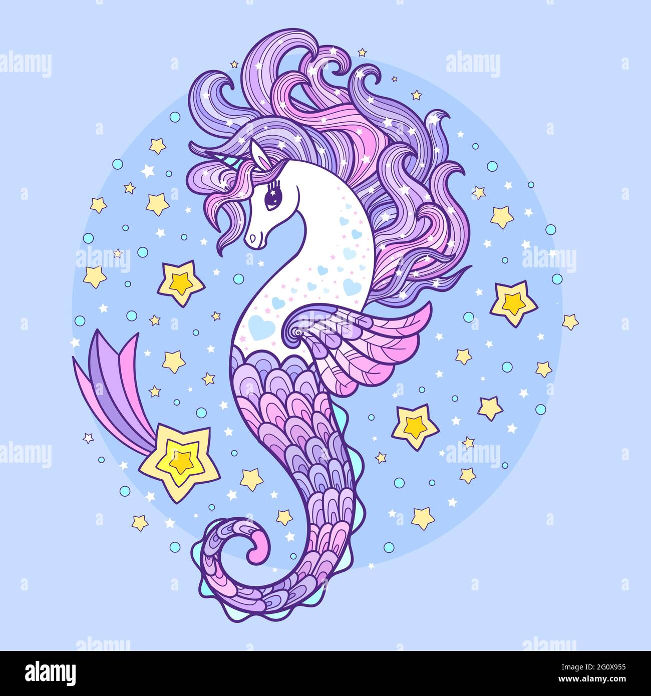 Seahorse unicorn with long mane. Magic sea animal.Children's ...