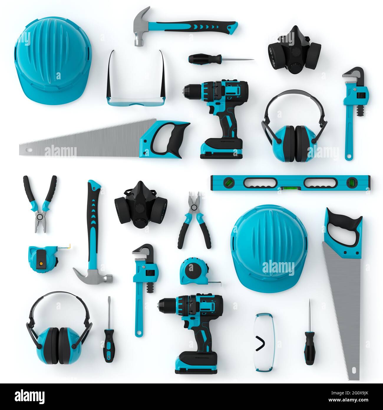 Top view of green construction tools for repair and installation on ...