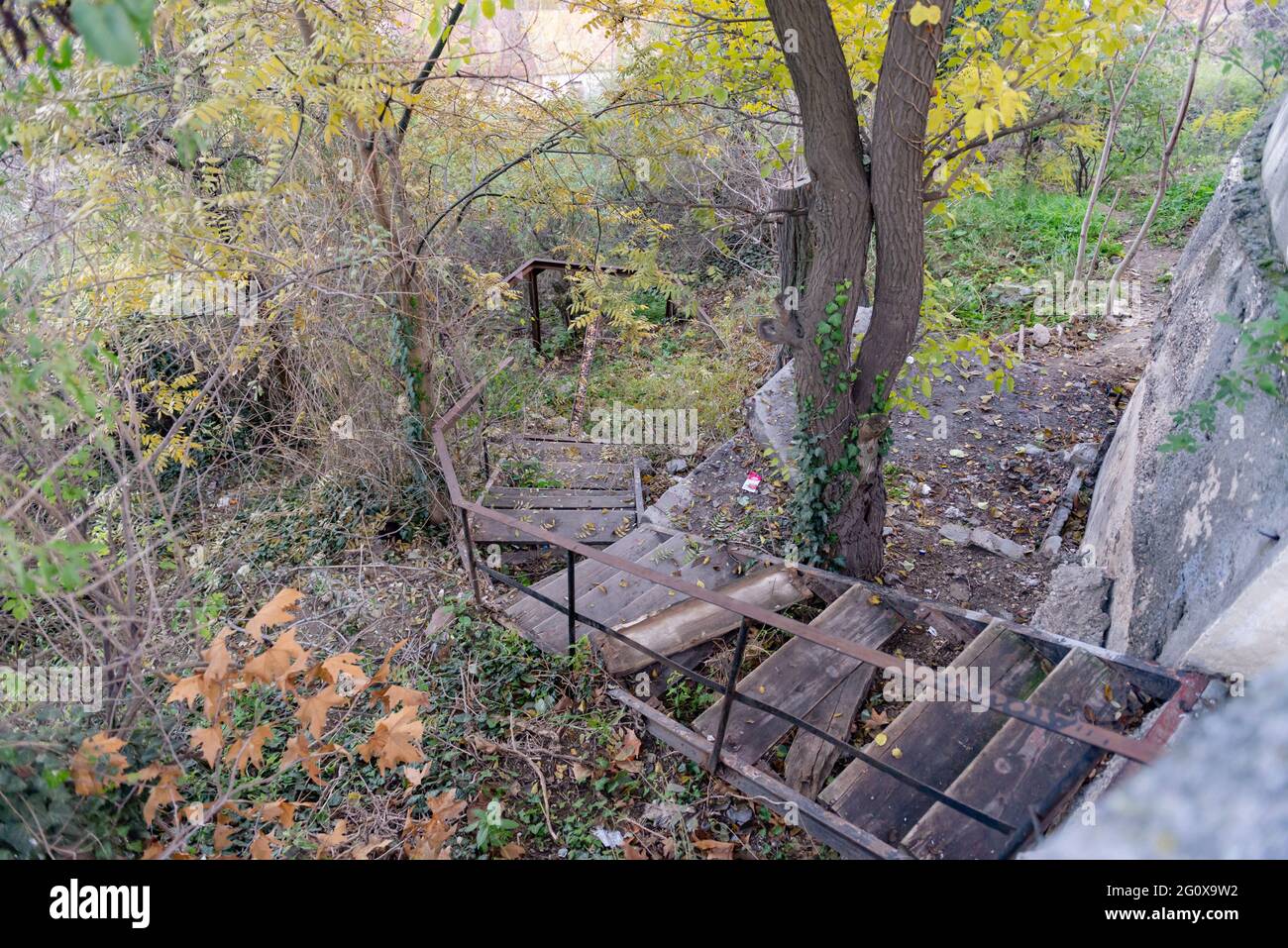 Destroyed wooden staircase in Sevastopol. An old staircase in one of ...