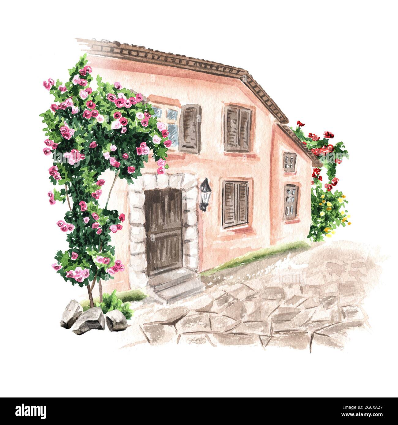 Rural house with climbing rose flowers. Hand drawn watercolor ...