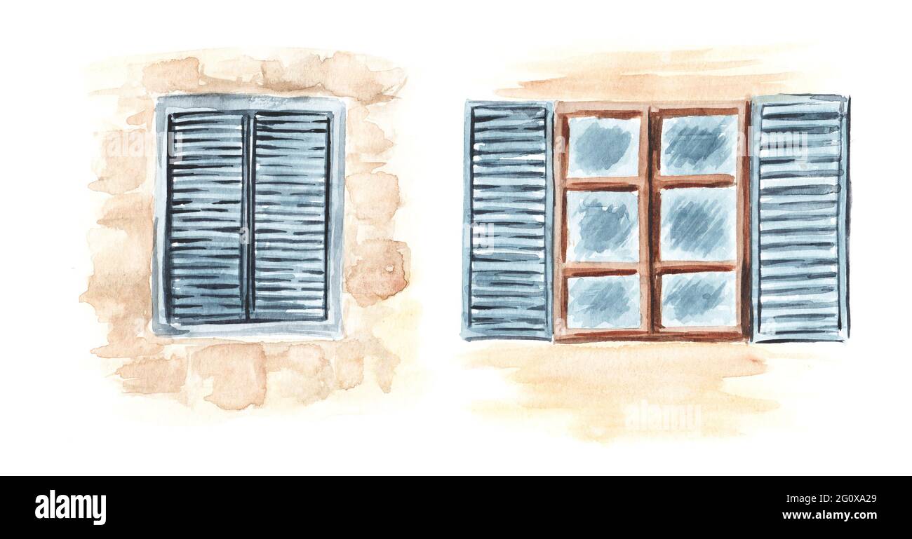 Fragment of a rural house with an open and closed window set. Hand ...