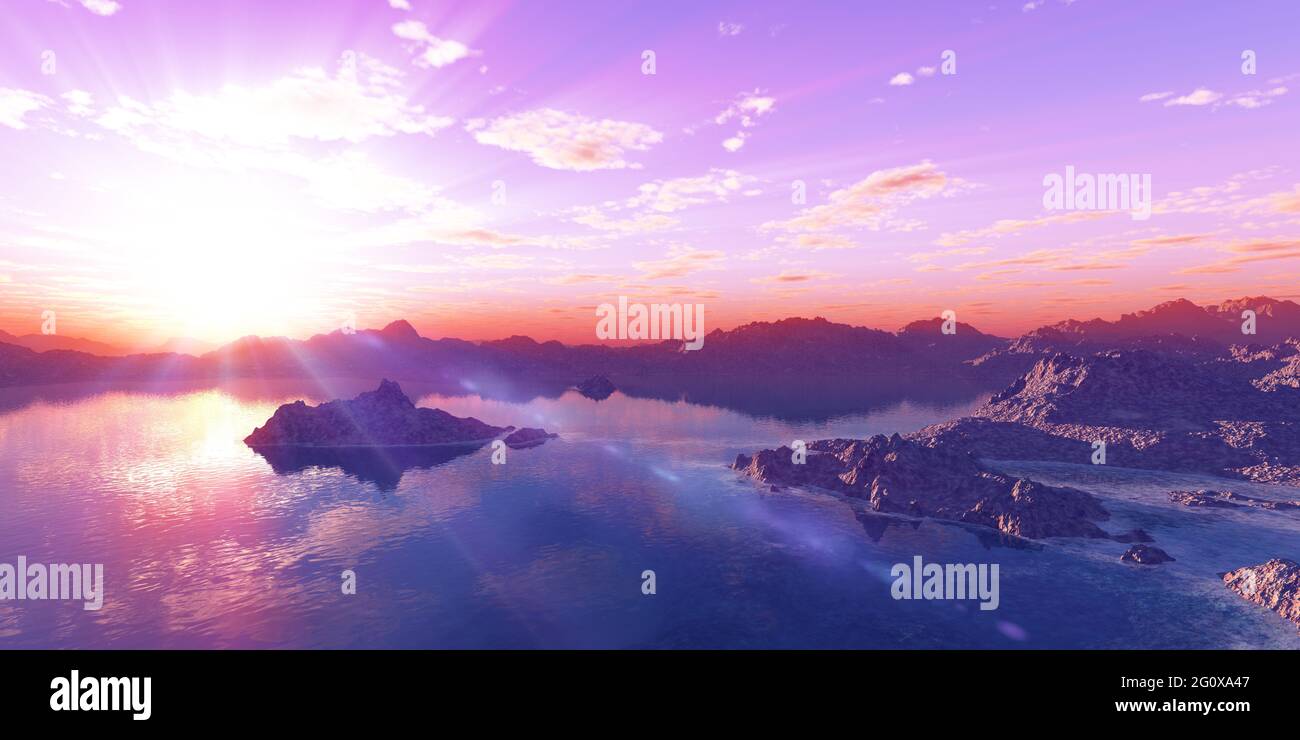 above islands in sea sunset, illustration 3d rendering Stock Photo - Alamy
