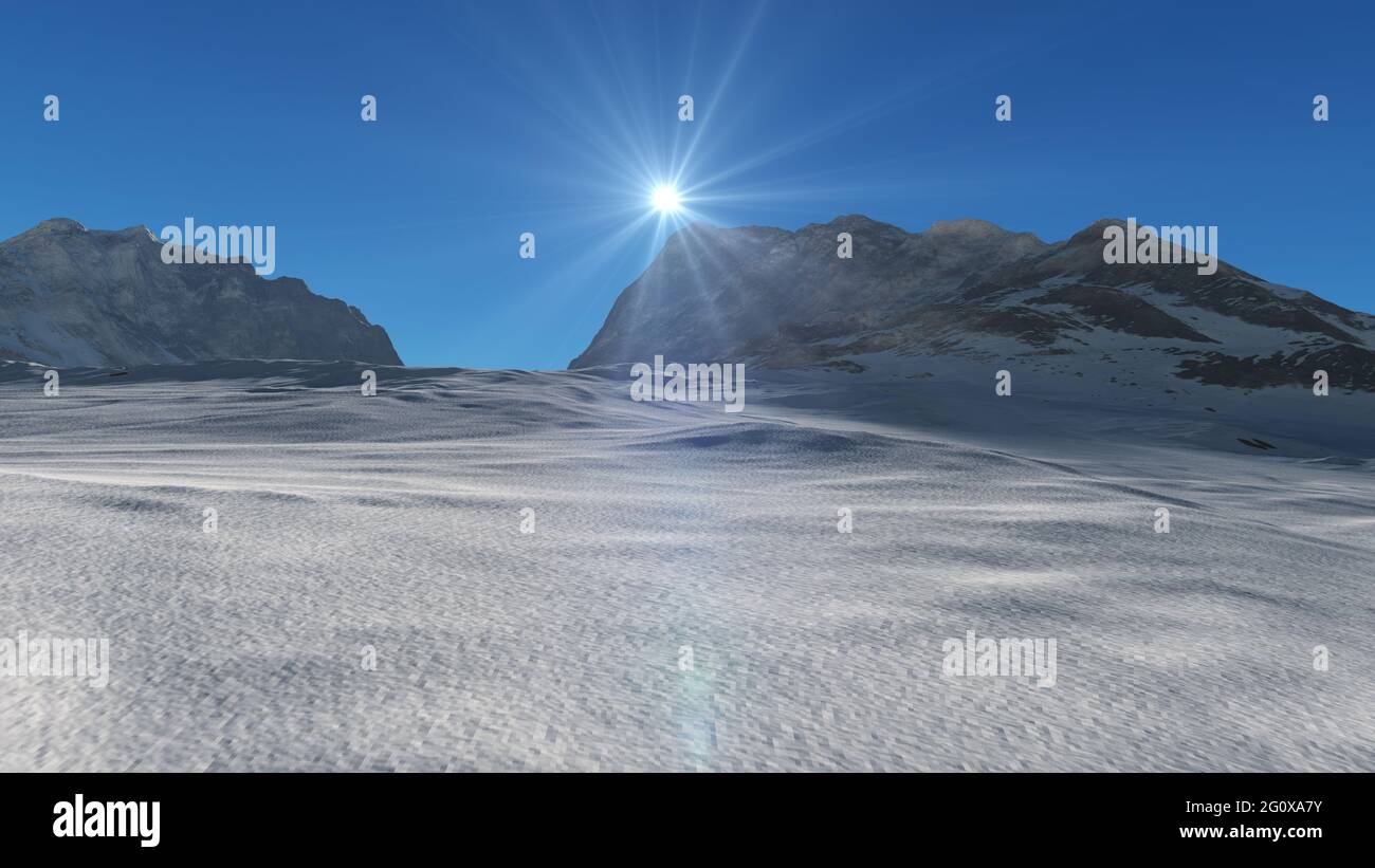 mountain snow sun ray illustration, 3d rendering Stock Photo - Alamy