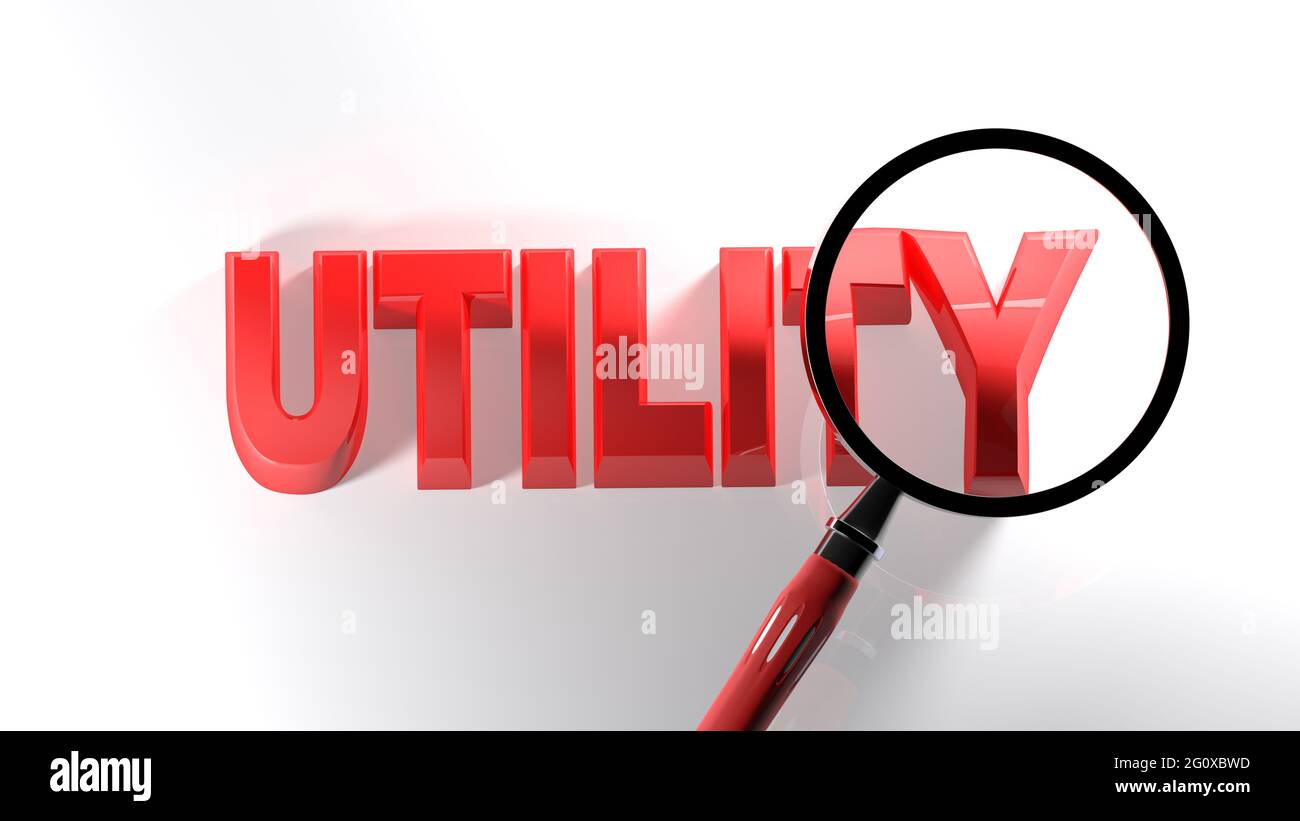 UTILITY red write on white surface, under a magnifier lens - 3D ...