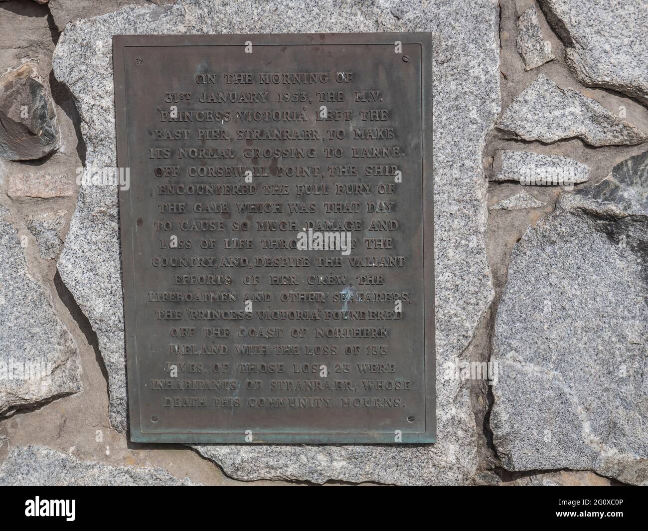 The image is of the memorial to the MV Princess Victoria that sank off ...