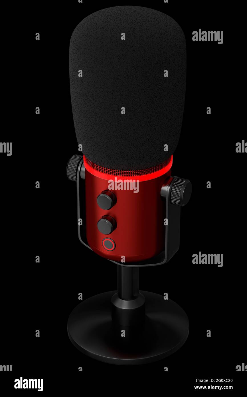3D rendering of red studio condenser microphone isolated on black ...