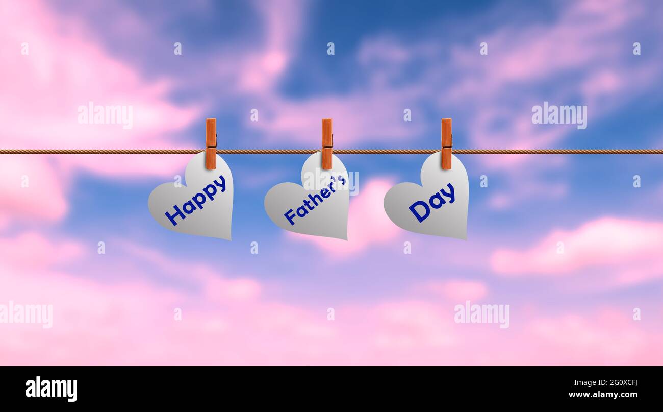 Happy Fathers Day Hanging In Heart shape. Pink clouds dramatic Sky ...