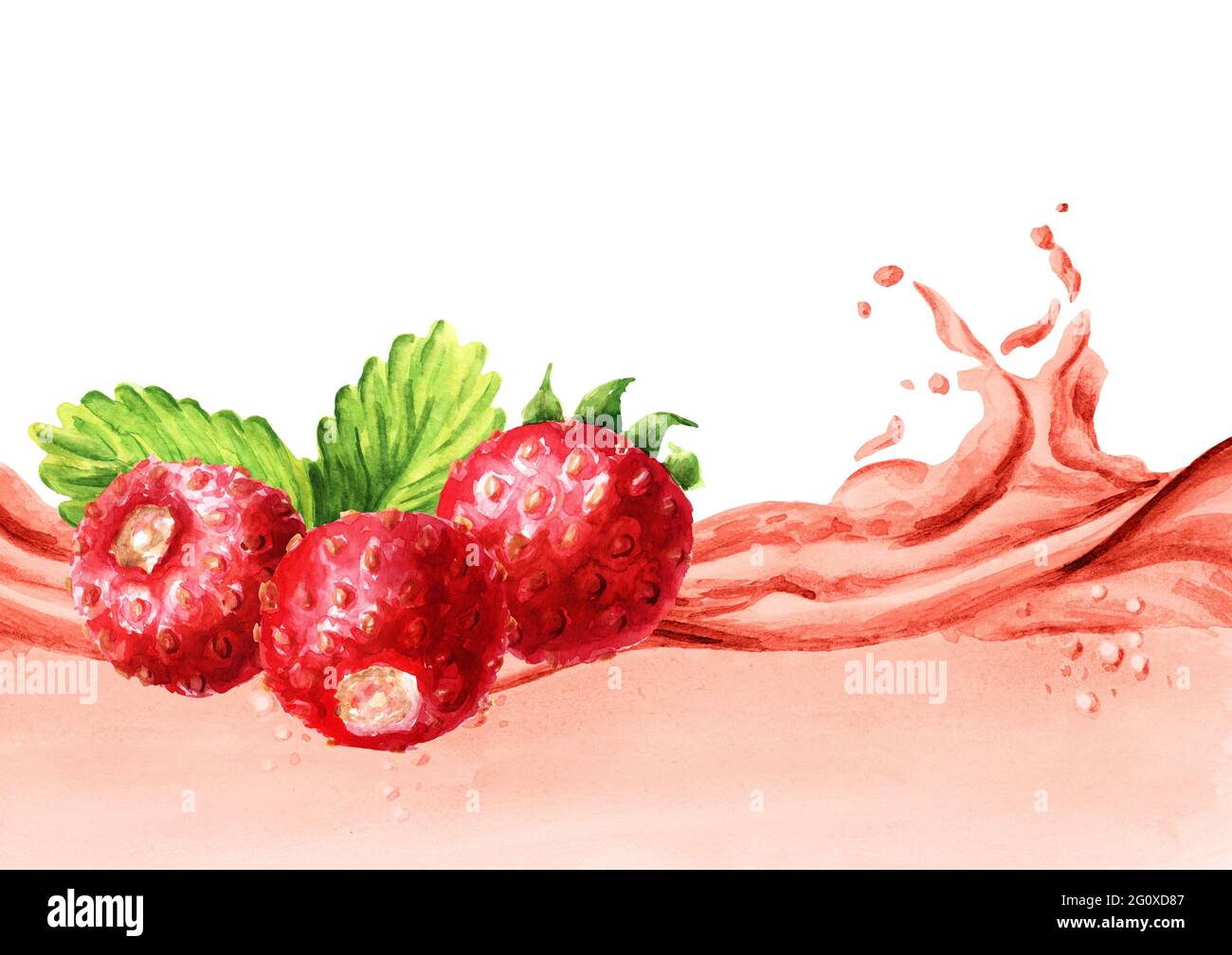 Wild forest strawberries on a wave of strawberry juice, watercolor hand ...