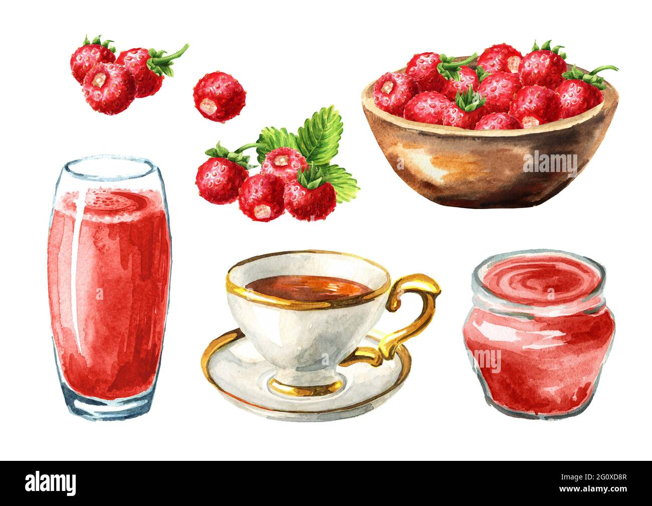 Wild forest strawberry jam, tea, drink, bowl and ripe berries set. Hand ...
