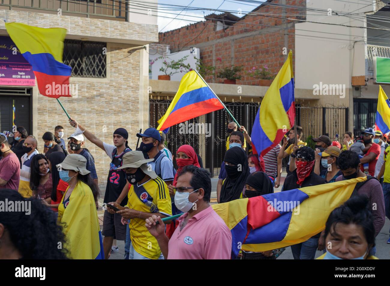 Yumbo, Colombia. 02nd June, 2021. Demonstrators wave colombian flags as ...