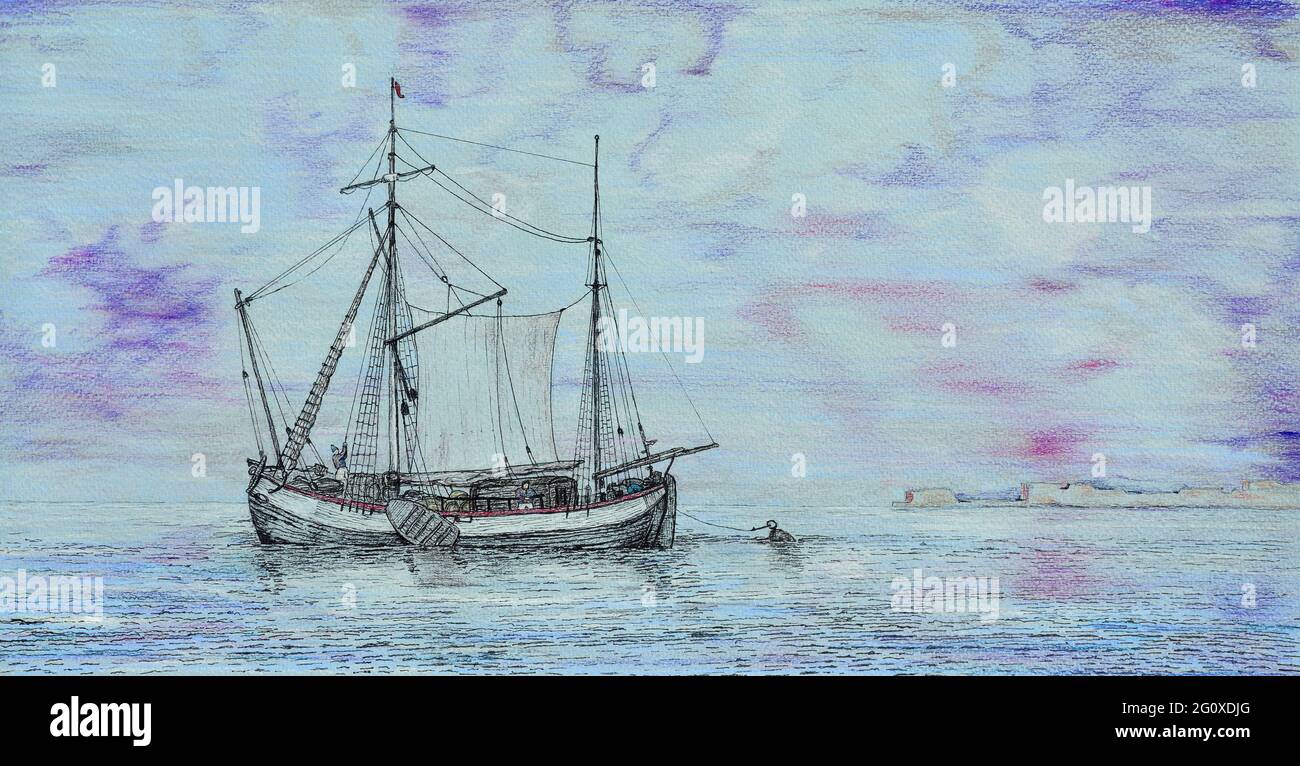Ink and Pencil drawing of old ship anchored in calm coastal scene Stock ...