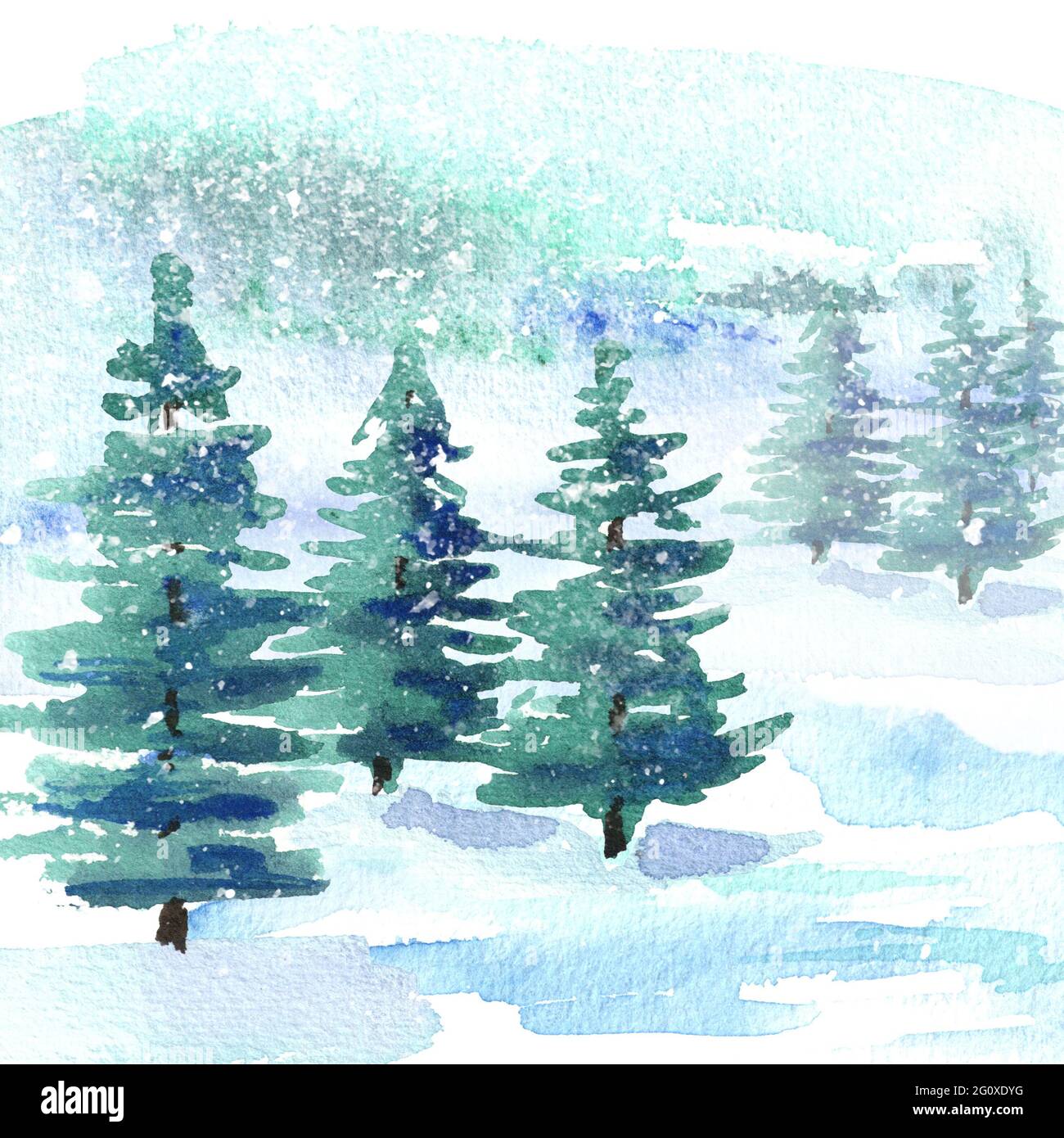 Winter background, landscape. Watercolor hand drawn square illustration ...