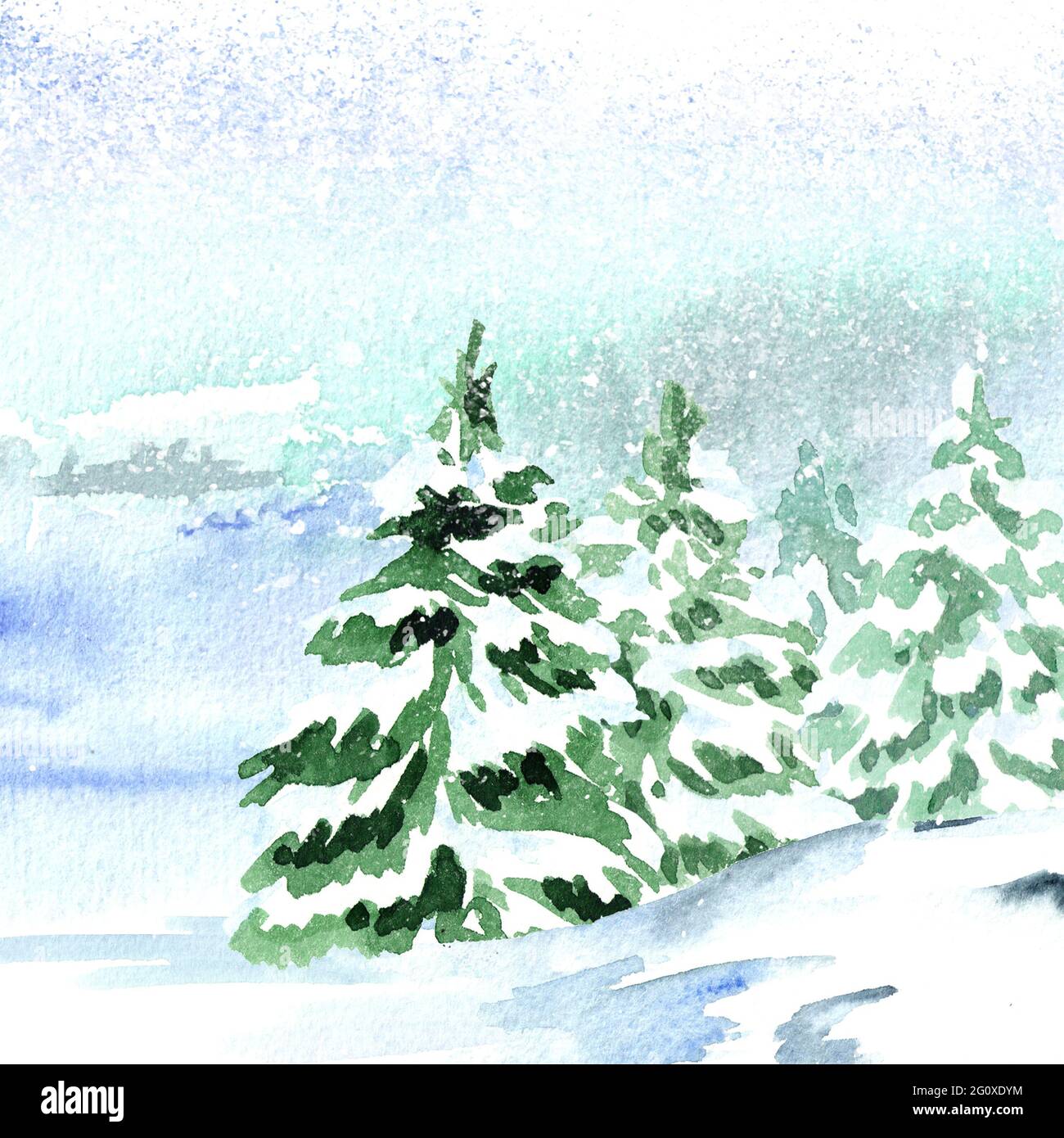 Winter background, landscape with snowfall. Watercolor hand drawn ...