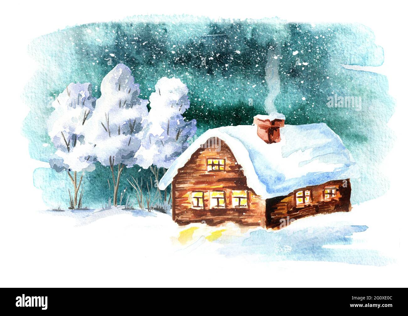 Winter landscape, house and trees with snowfall. Watercolor hand drawn ...