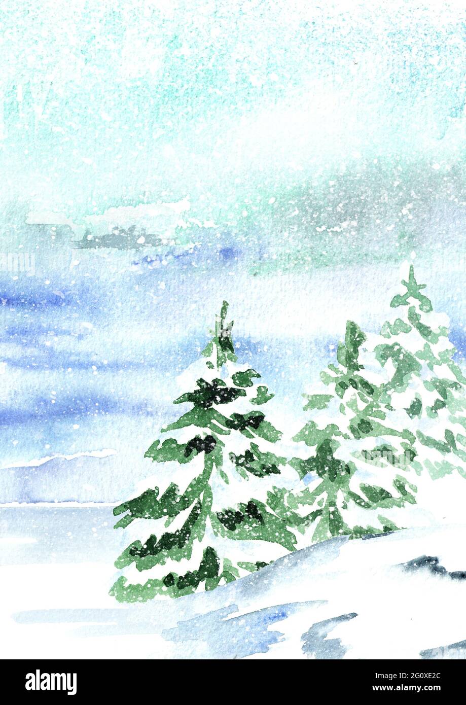 Winter vertical background, landscape with snowfall. Watercolor hand ...