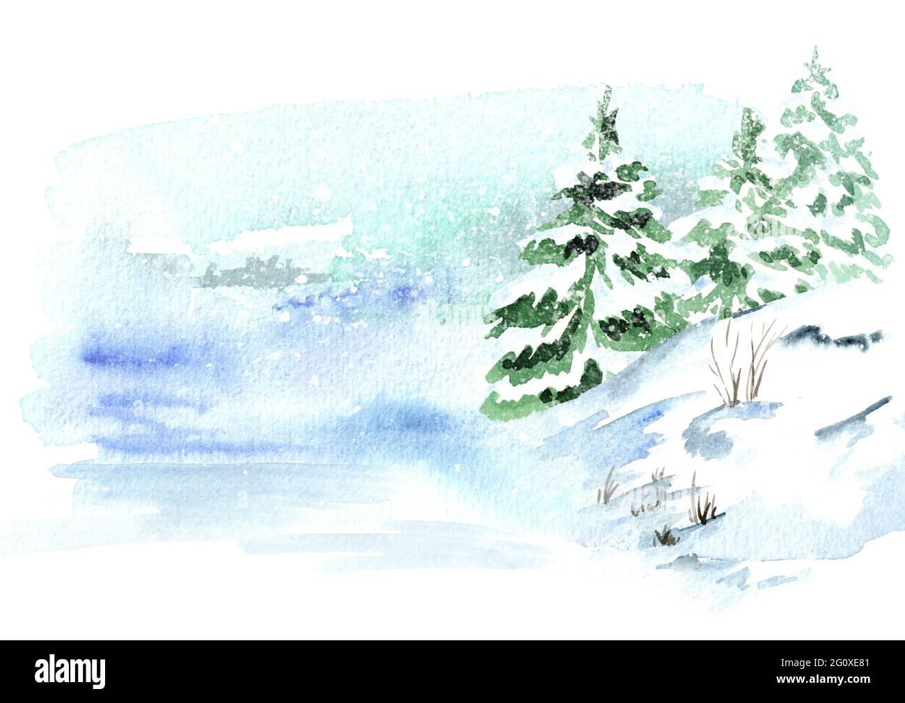 Winter background, landscape with snowfall. Watercolor hand drawn ...