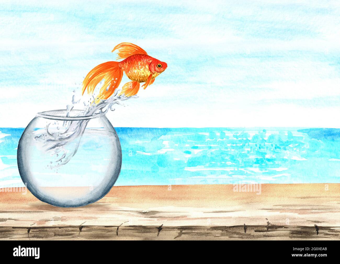 Goldfish. Gold fish jump out of a round glass aquarium into the sea ...