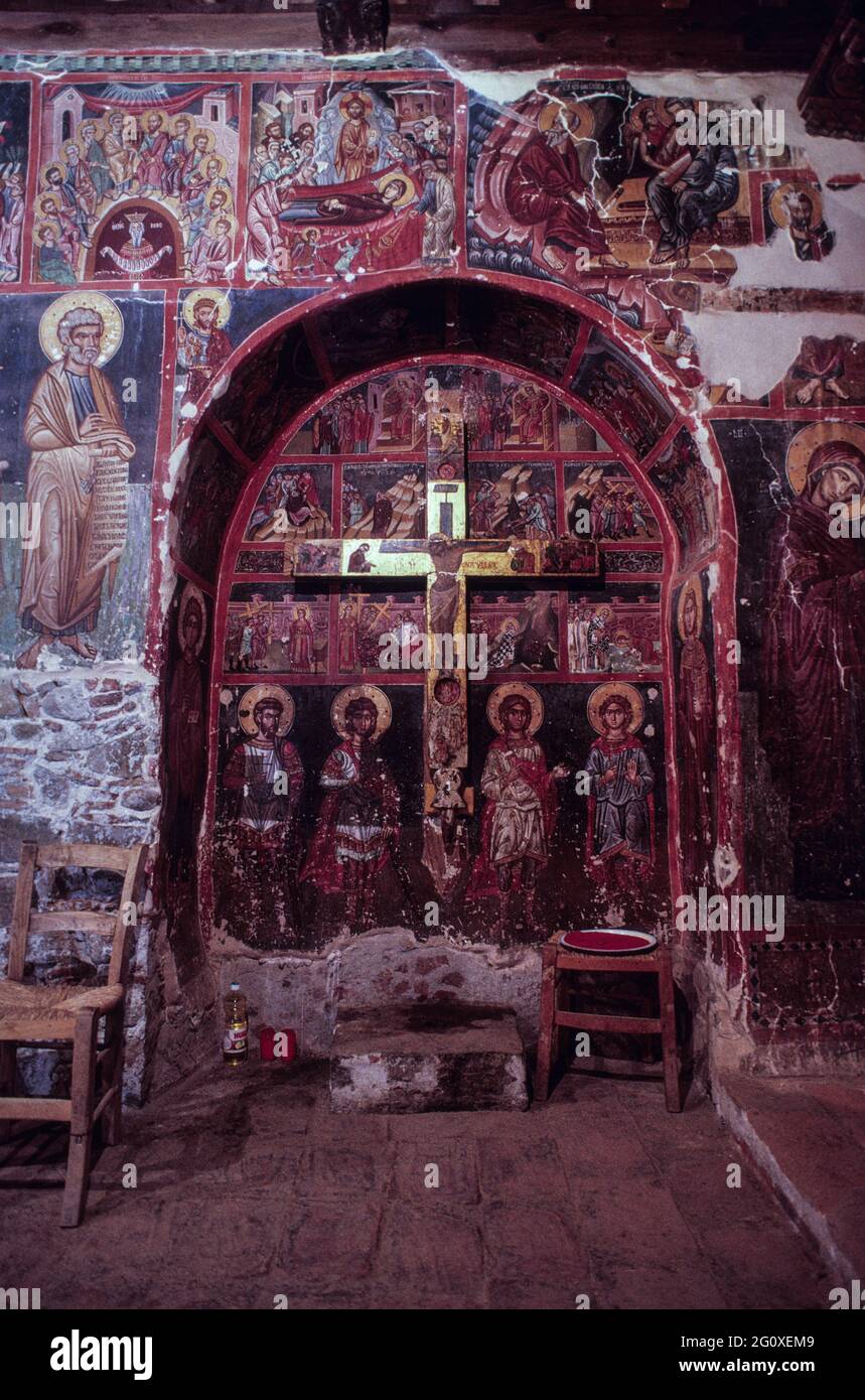 The richly painted walls in the church of Panagia tou Arakos near ...