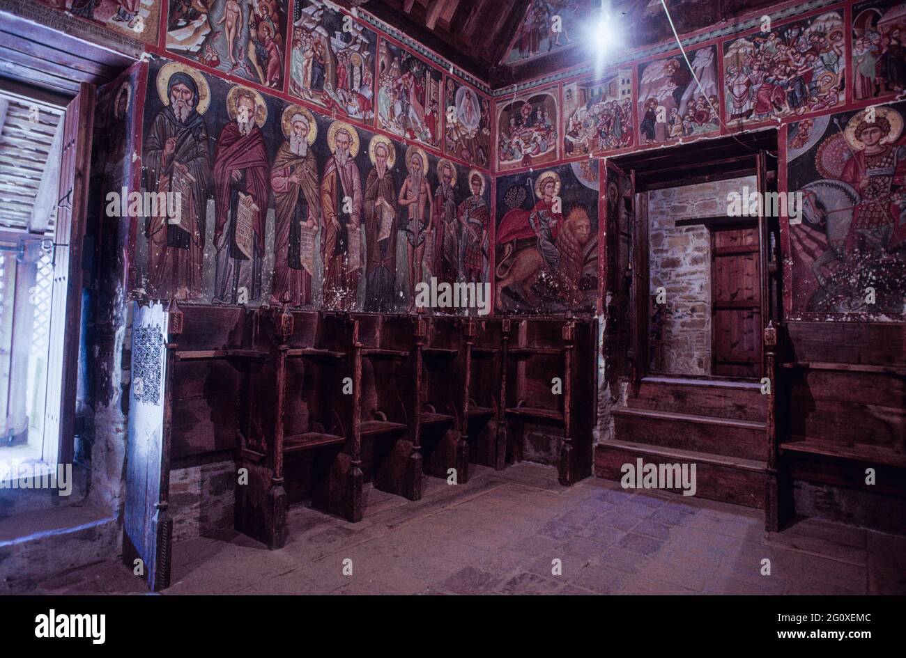 The richly painted walls in the church of Panagia tou Arakos near ...