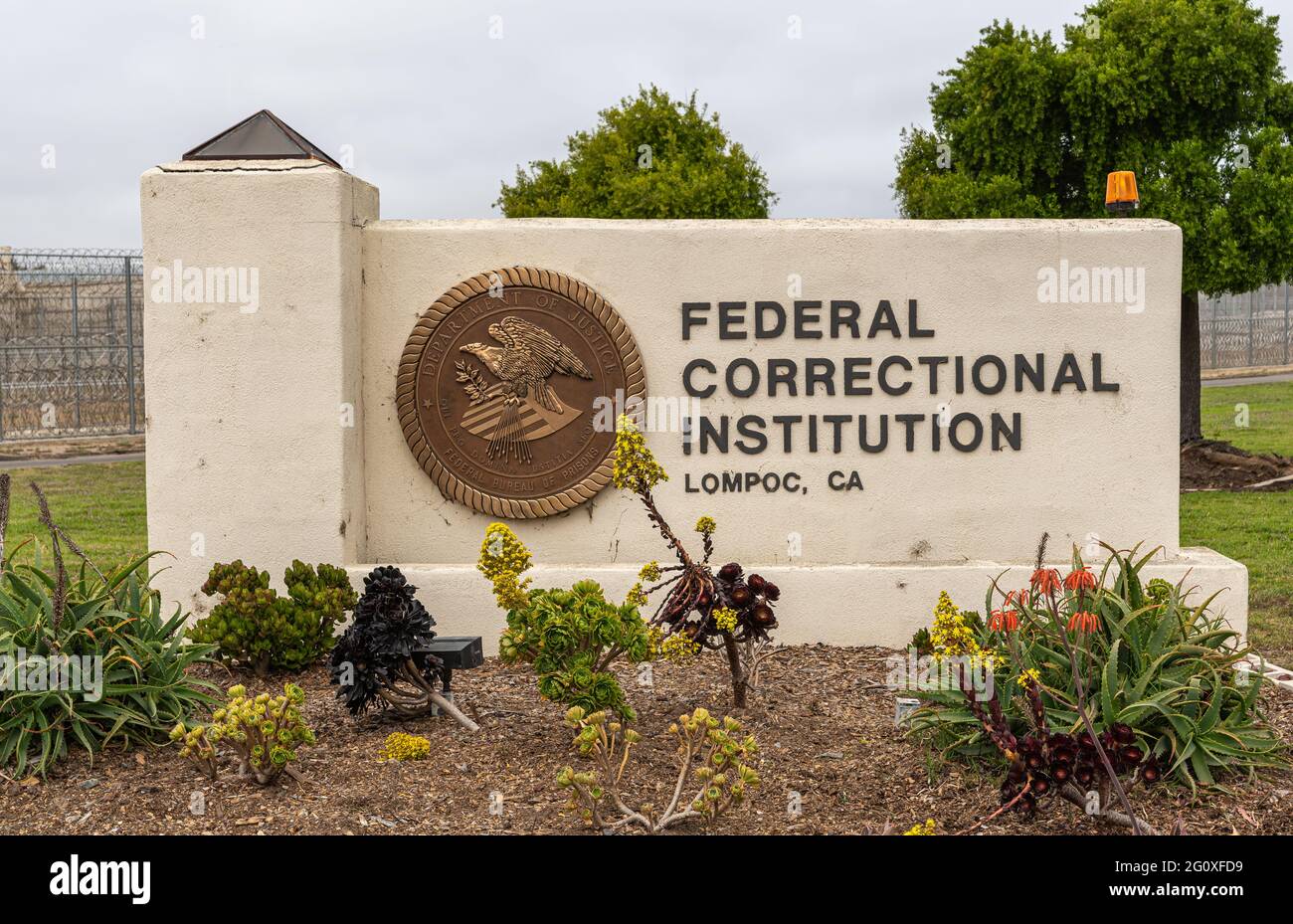 Lompoc, CA, USA - May 26, 2021: Closeup of Beige name sign monument at ...
