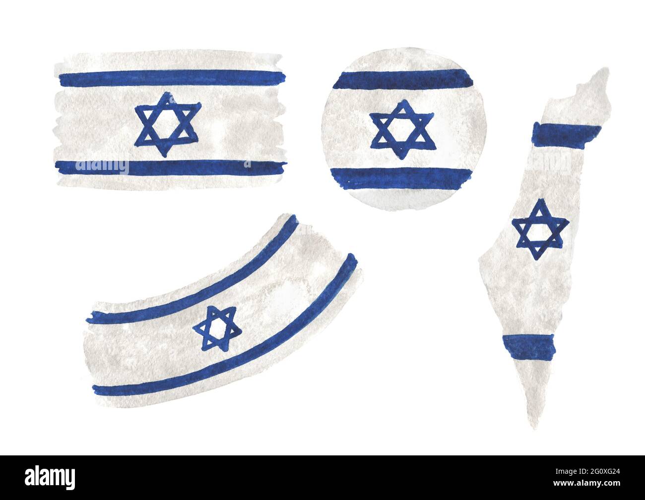 Israel flag set. Hand drawn watercolor illustration isolated on white ...