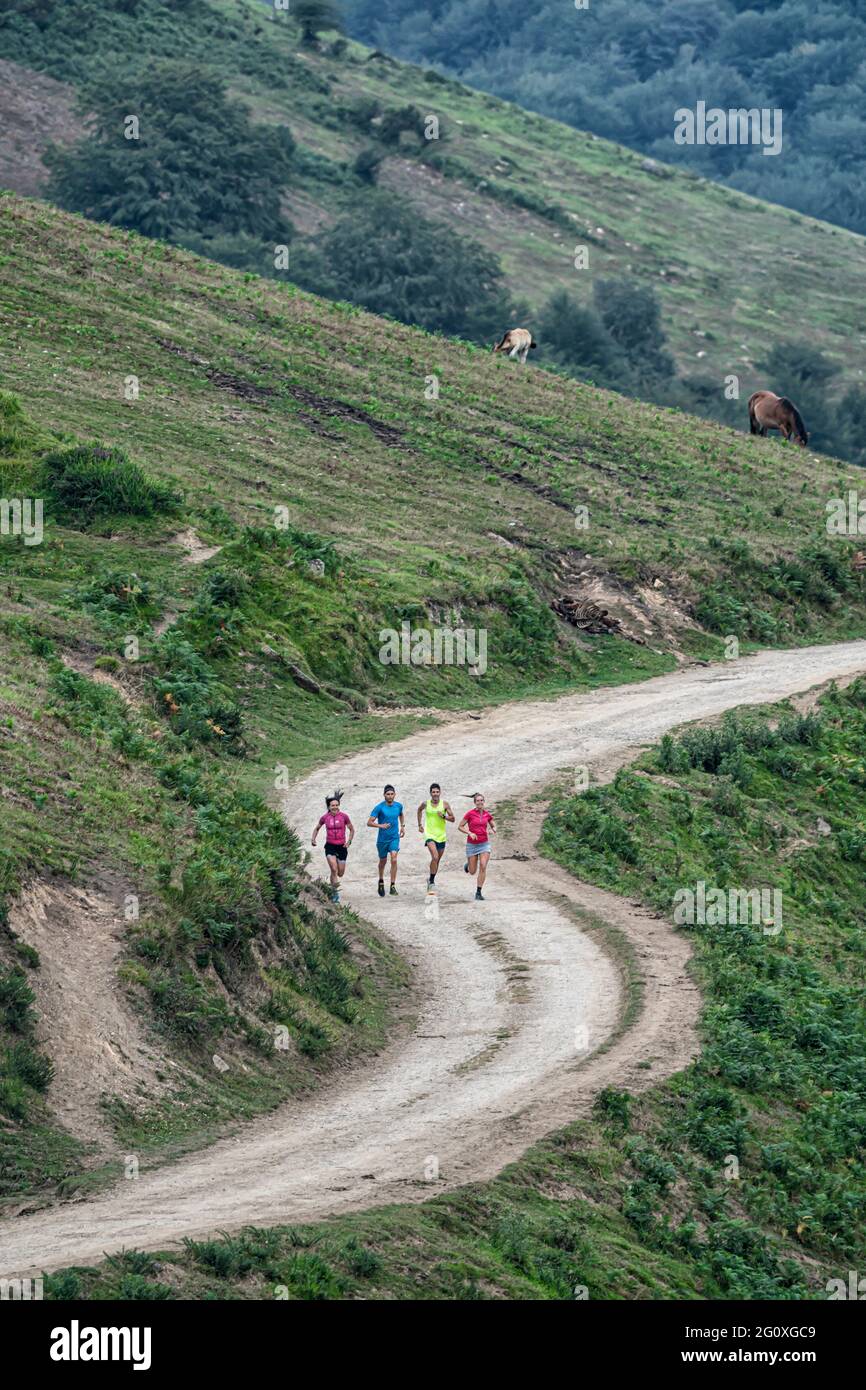 Group of runners running on a trail along beautiful mountain roads ...