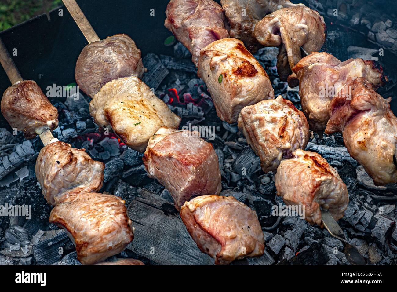 Russia, Moscow Region. Roasted meat (shashlik) at a country house Stock ...