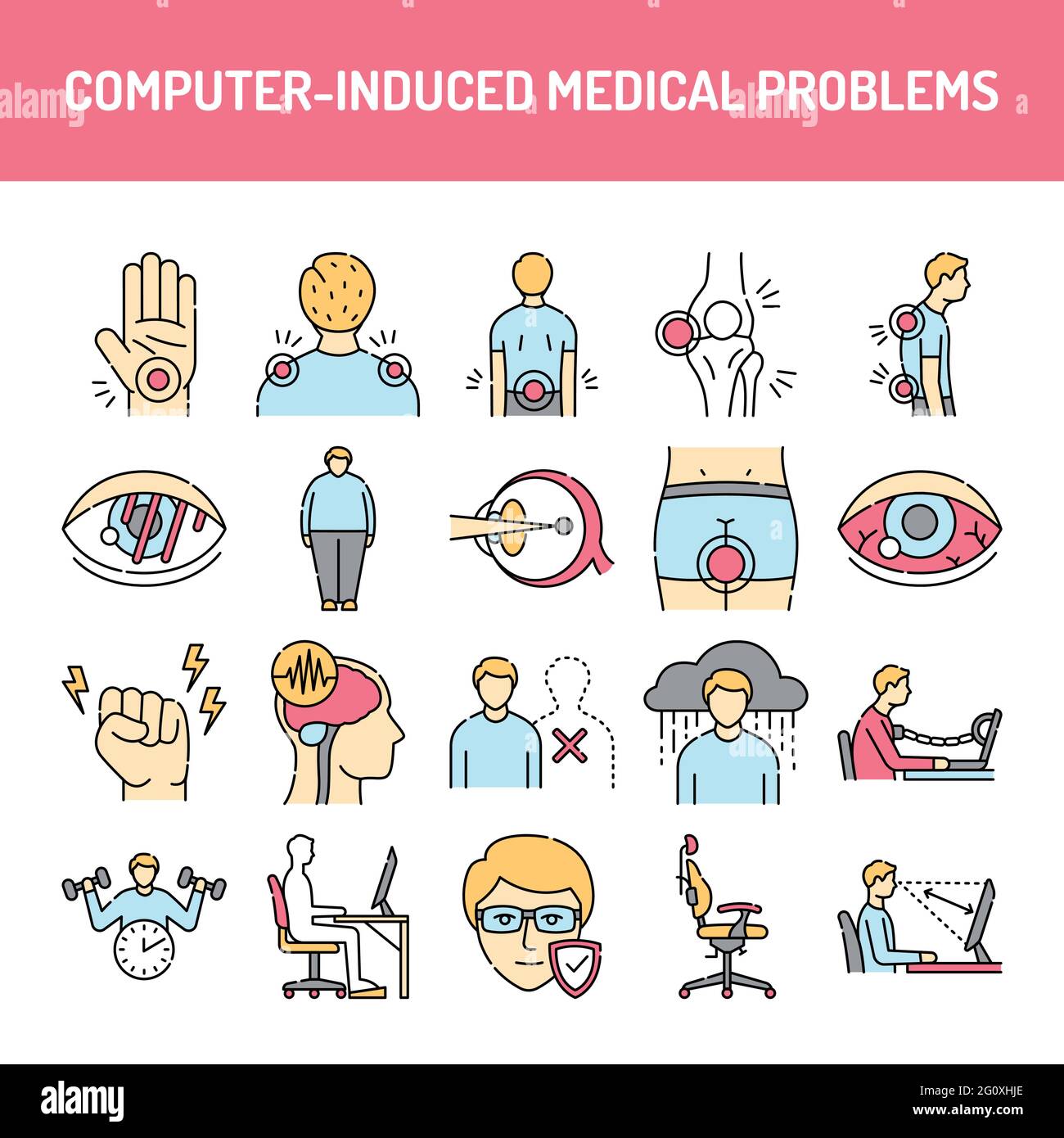 Computer-induced medical problems line icons set. Isolated vector ... Computer-induced medical problems line icons set. Isolated vector ...