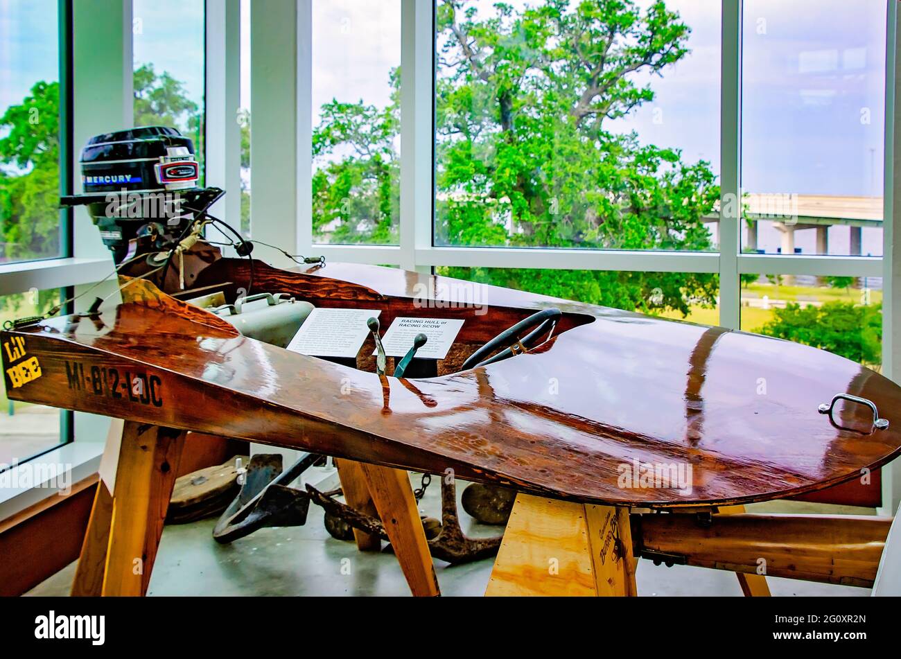 Lil’ Bee, a racing hull or racing scow, is displayed in the Maritime ...
