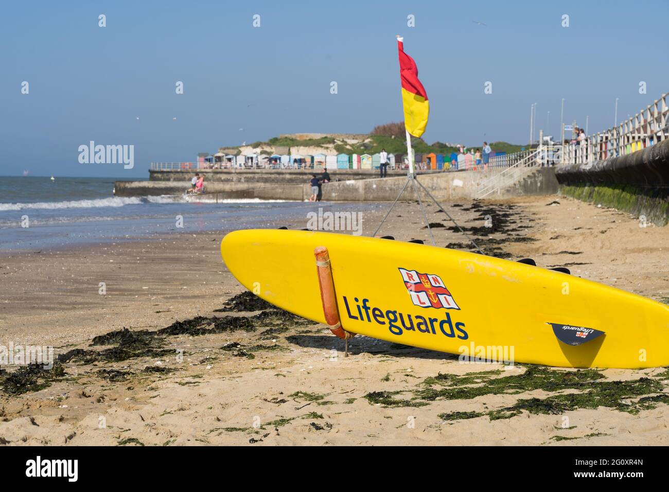 RNLI lifeguards keep beach goers safe, Spring weather, Kent, sea front ...