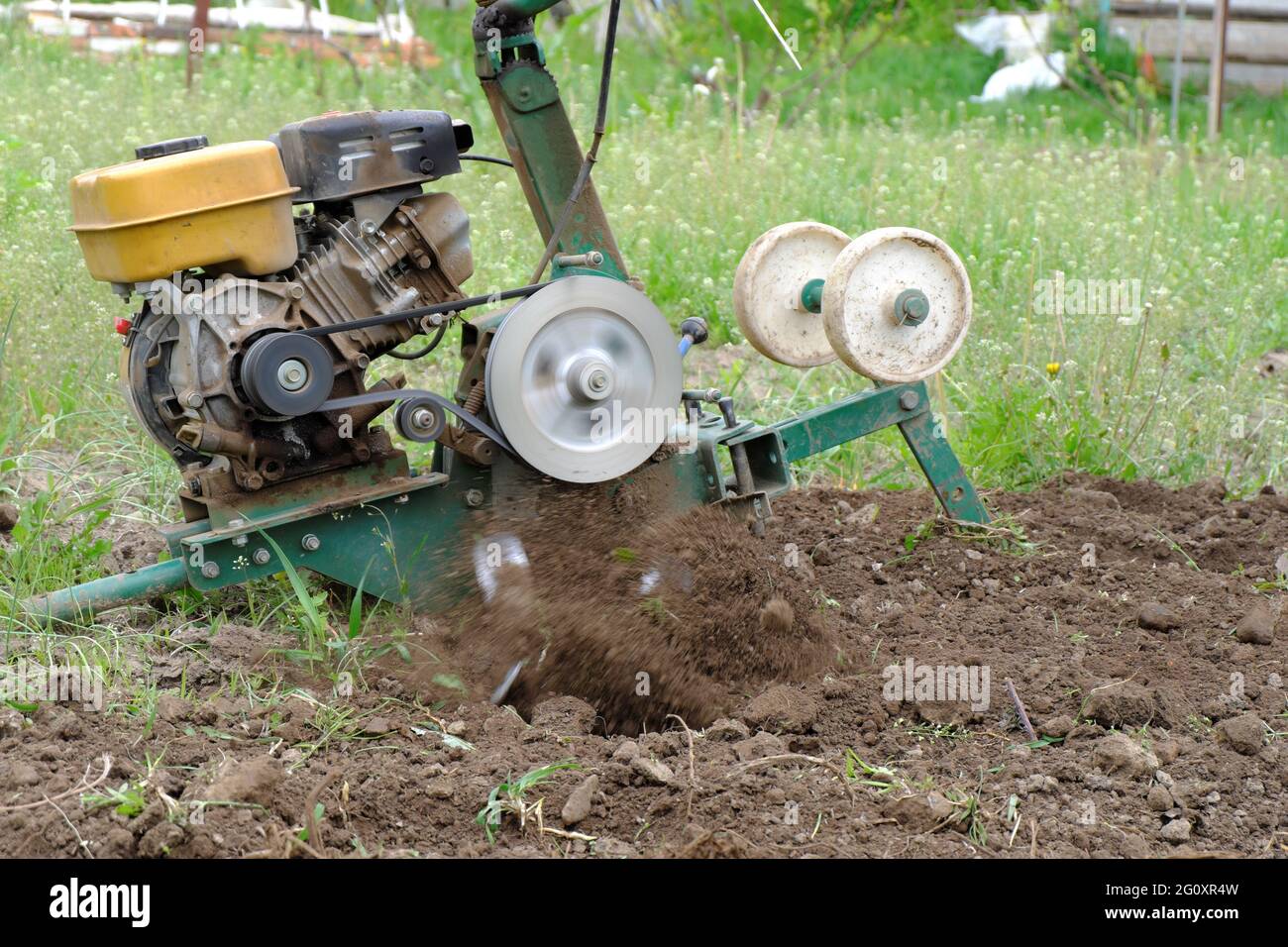 Plowing a plot for gardening with a gasoline cultivator with special ...