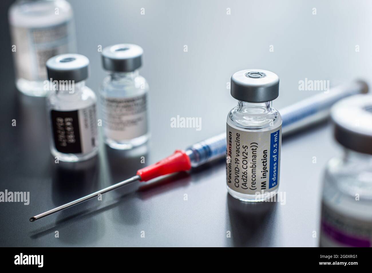 Montreal, CA - 3 June 2021: Vial of Janssen Covid-19 vaccine among ...