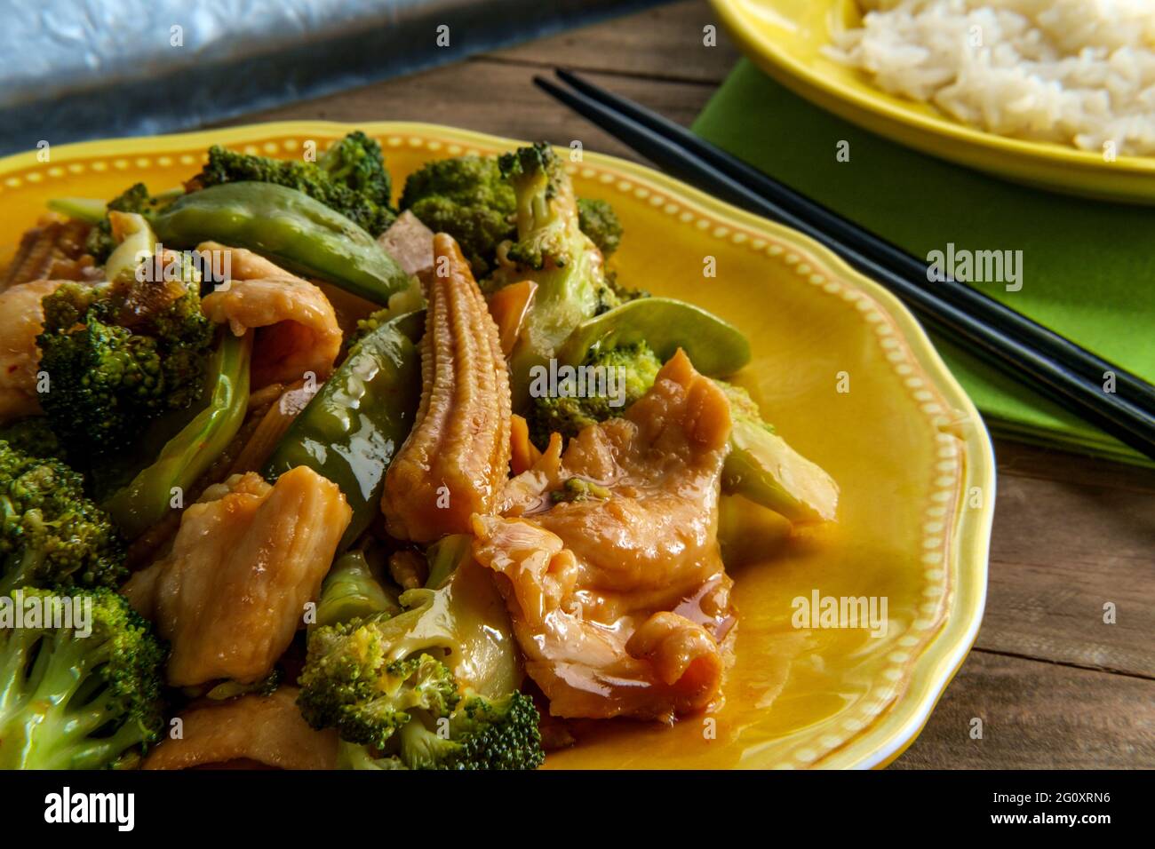 Chinese Hunan style spicy chicken with mixed sauteed vegetables and ...