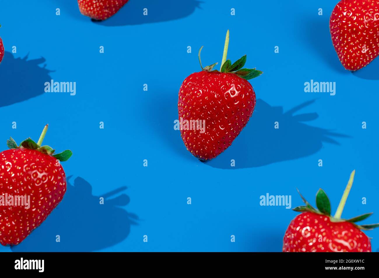Strawberry ripe fruit on blue background. Harvest of fresh red berry ...