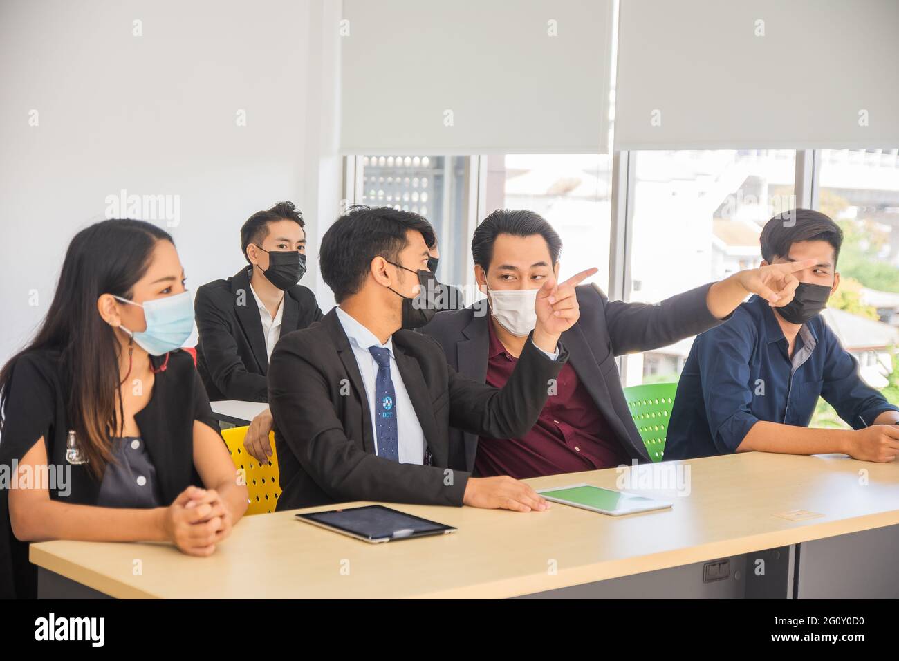 Group people wear face mask protect covid19 coronavirus in meeting room ...