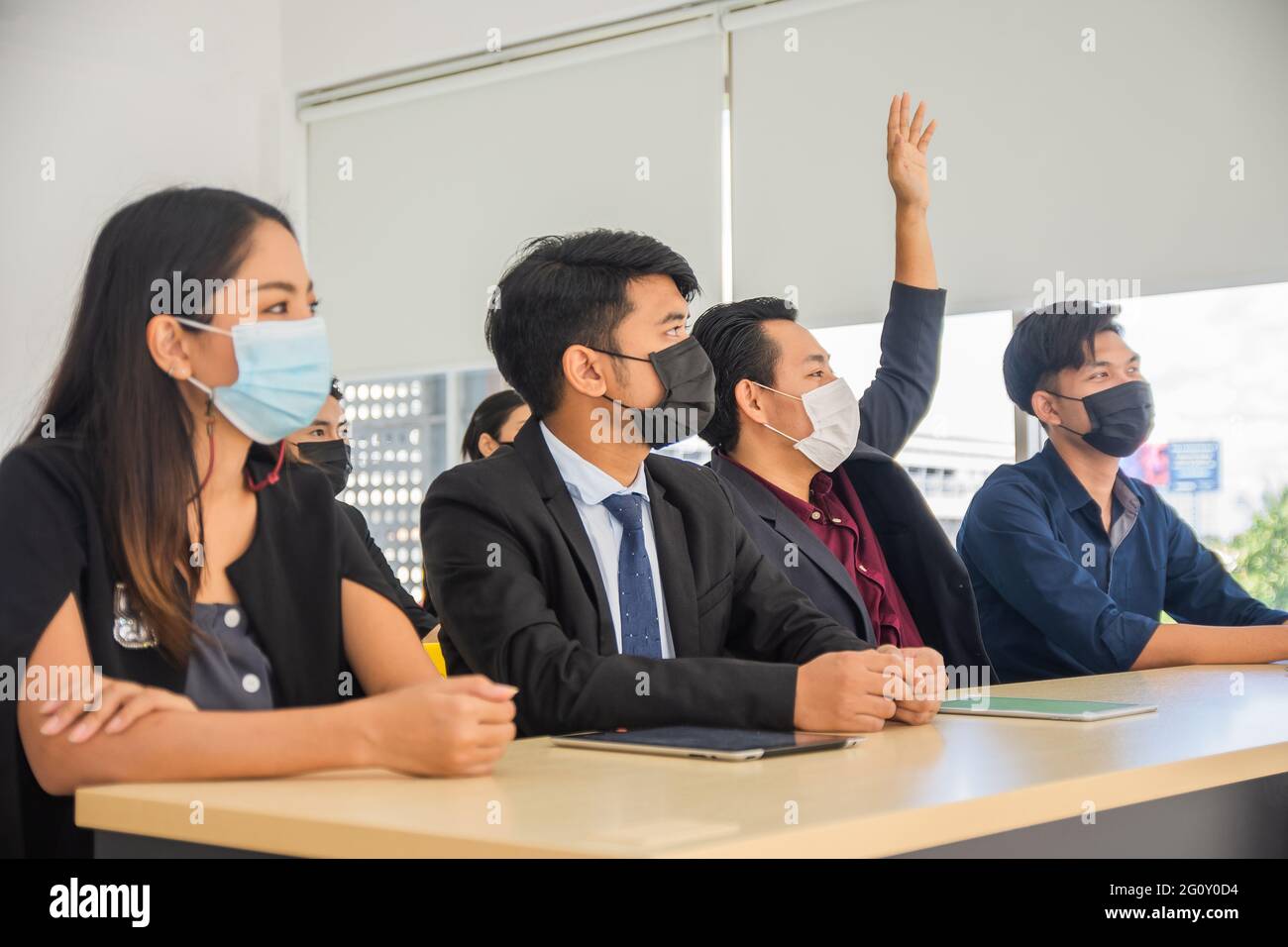 Group people wear face mask protect covid19 coronavirus in meeting room ...