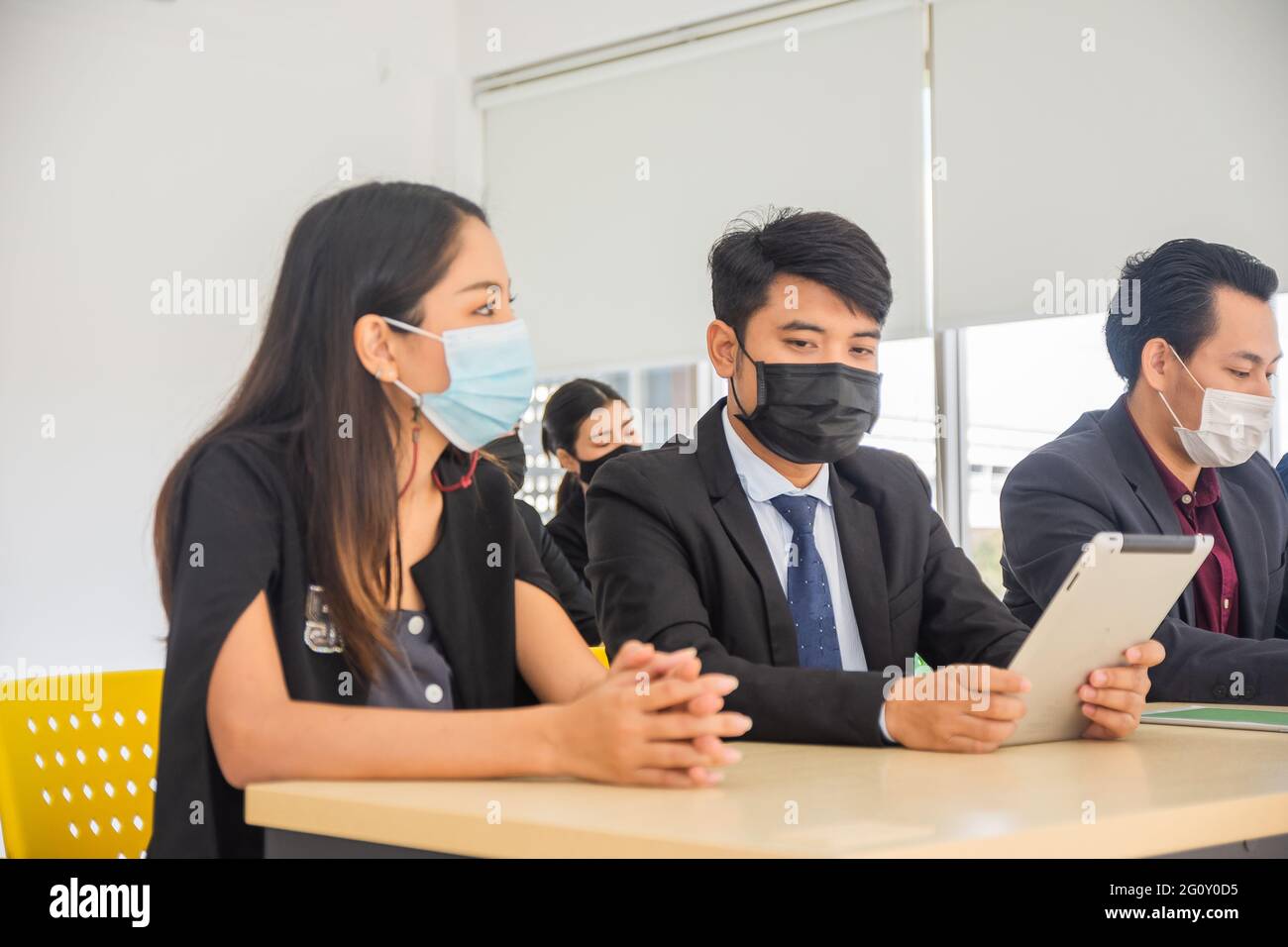 Group people wear face mask protect covid19 coronavirus in meeting room ...