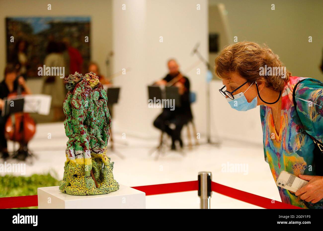 Beirut, Lebanon. 3rd June, 2021. A visitor views an artwork at an art ...