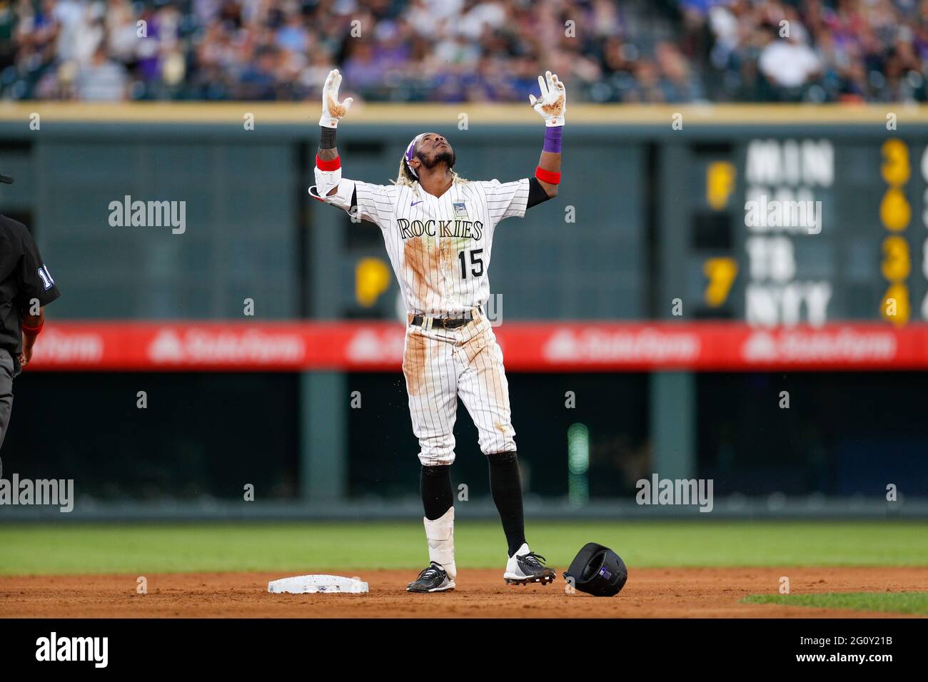 Colorado Rockies left fielder Raimel Tapia (15) celebrates a double ...