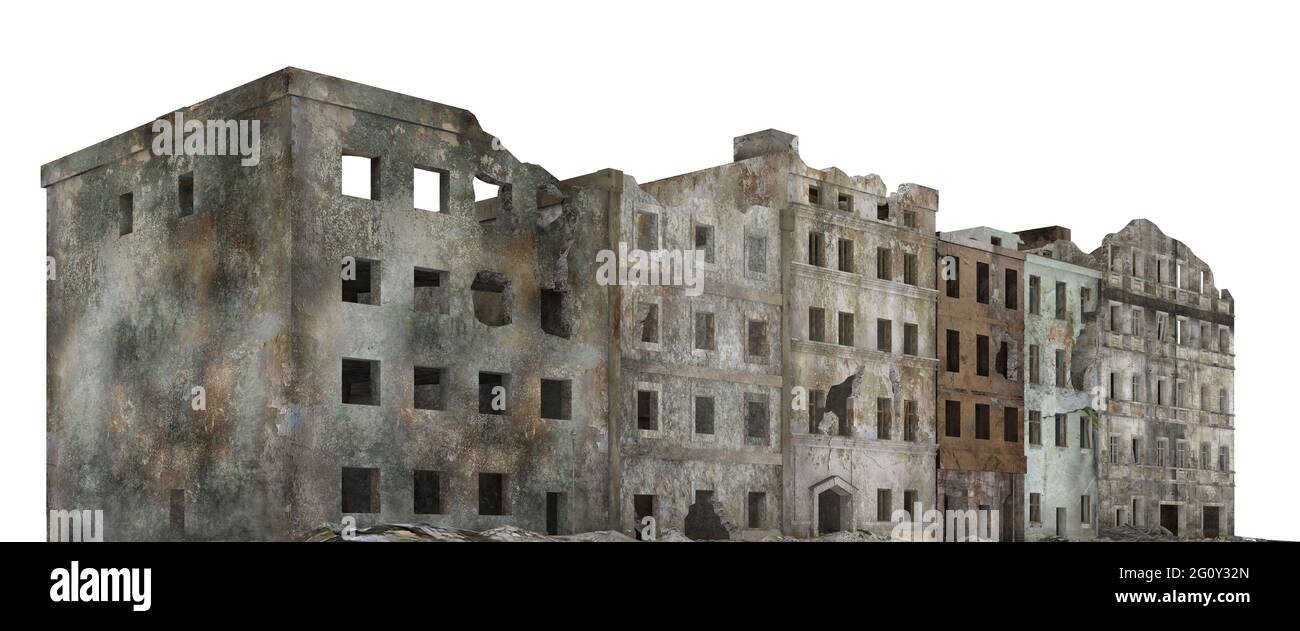 3D illustration ruined city building isolated on white Stock Photo - Alamy
