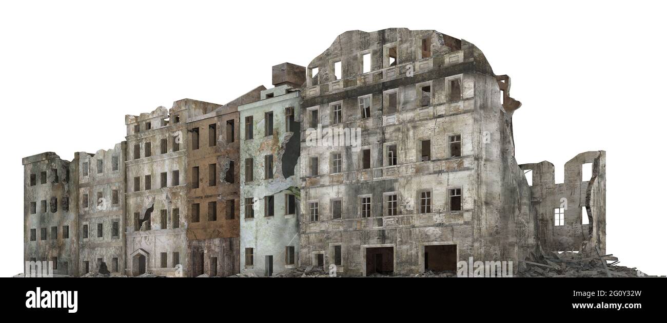 3D illustration ruined city building isolated on white Stock Photo - Alamy