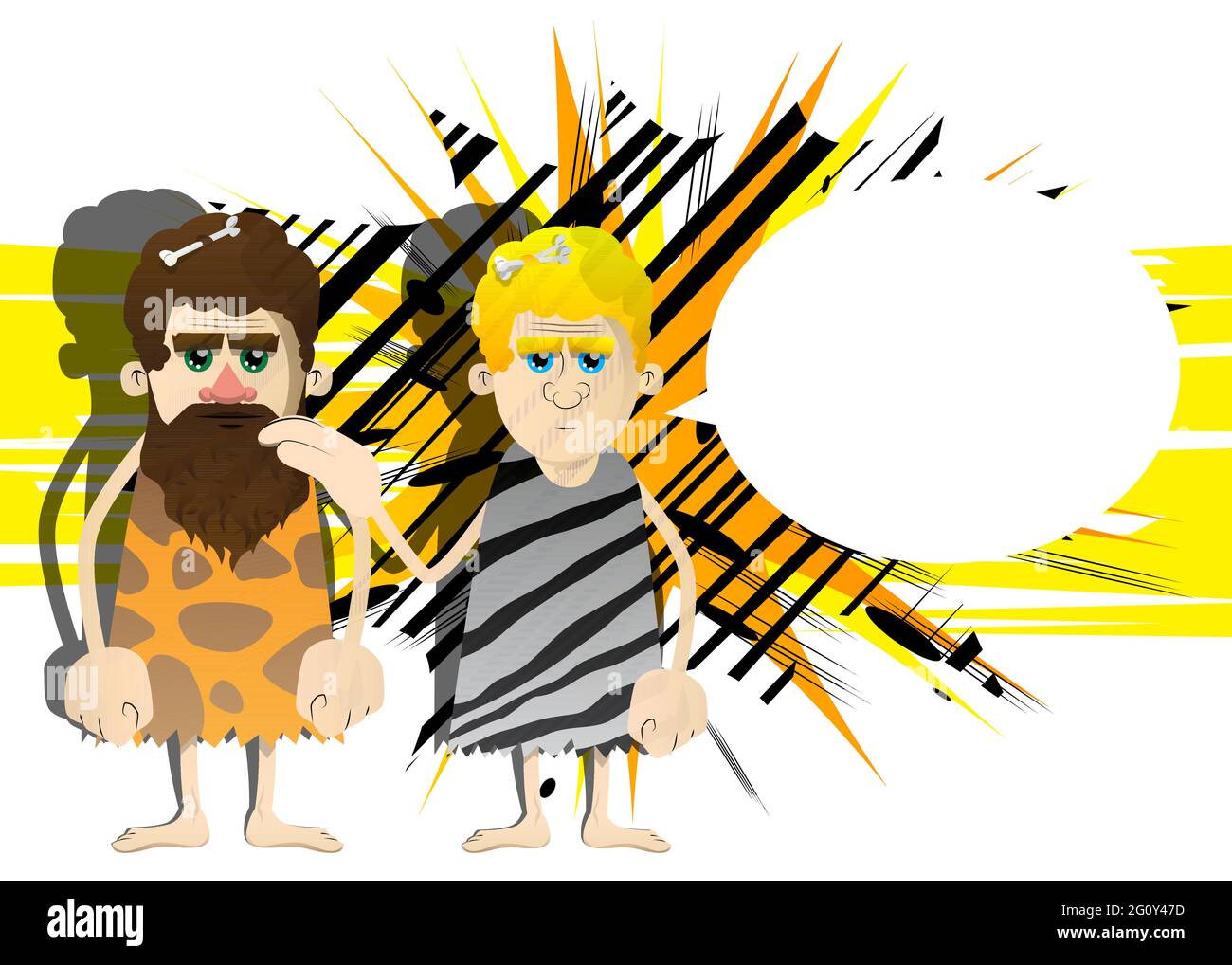 Cartoon prehistoric man comforting another. Vector illustration of a ...