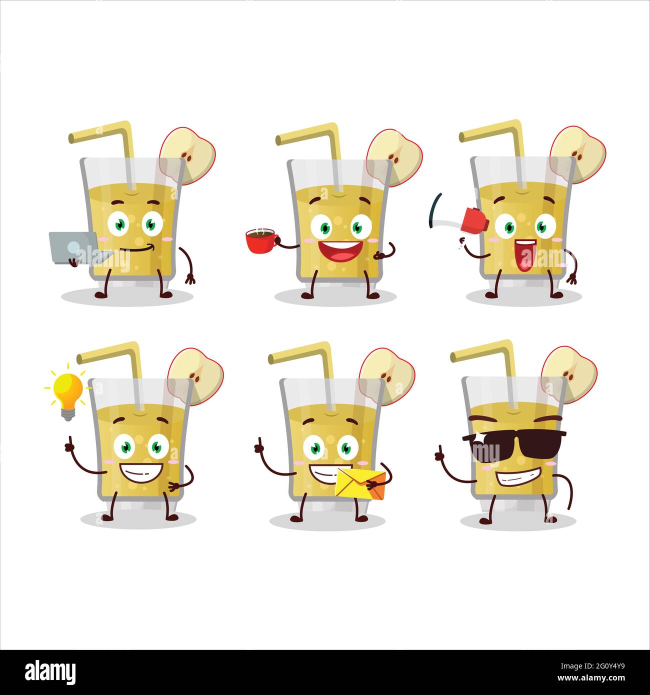 Fresh apple juice cartoon character with various types of business ...