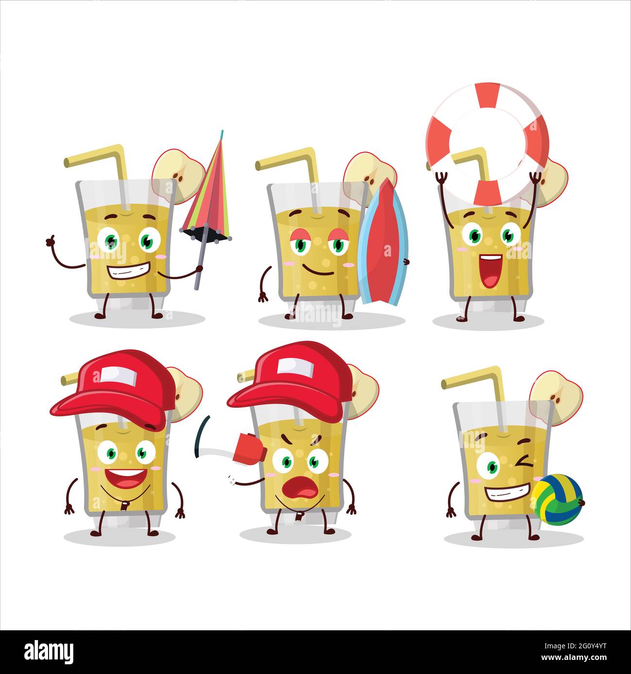 Happy Face fresh apple juice cartoon character playing on a beach ...