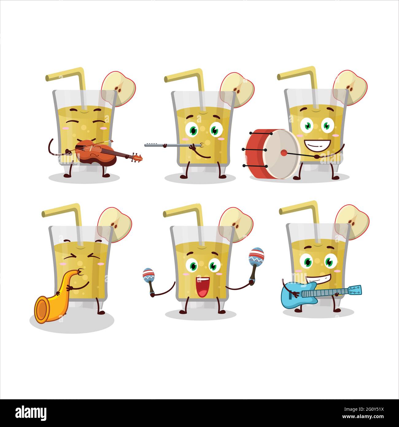 Cartoon character of fresh apple juice playing some musical instruments ...
