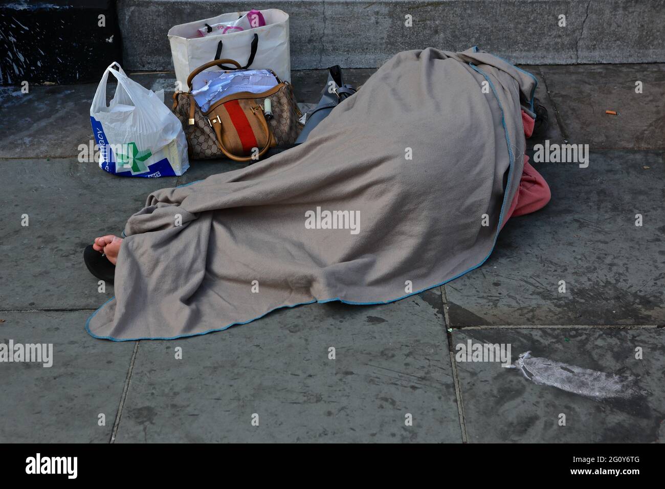 London (UK), 2 MJune 2021: Street homeless people sleeping on the ...