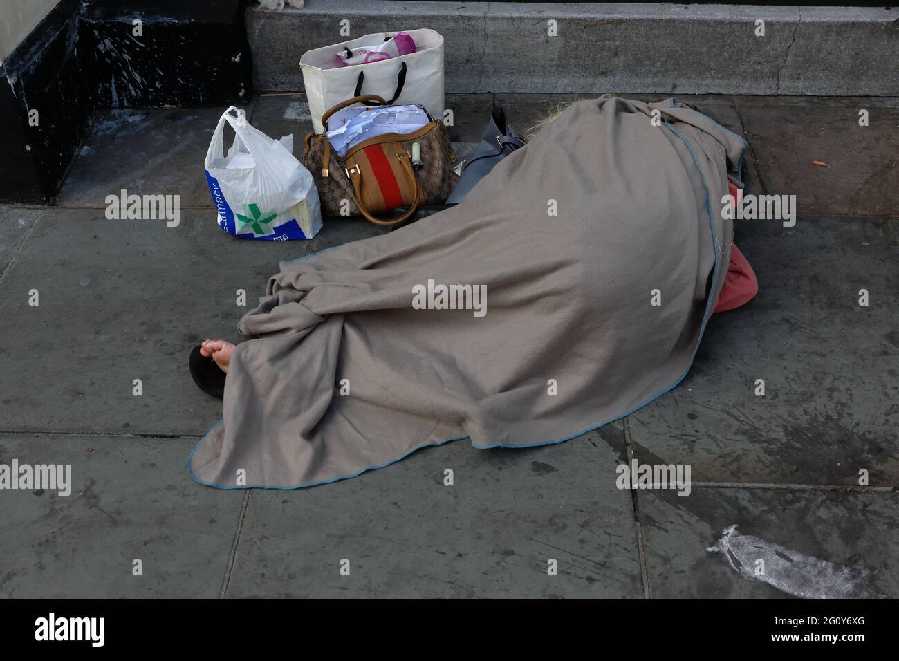 London (UK), 2 MJune 2021: Street homeless people sleeping on the ...