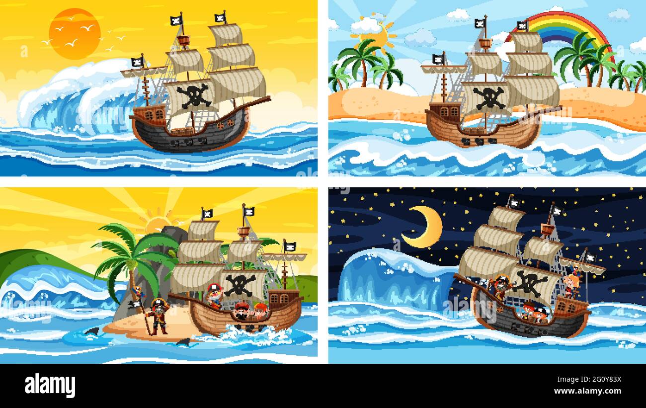 Set of different beach scenes with pirate ship and pirate cartoon ...
