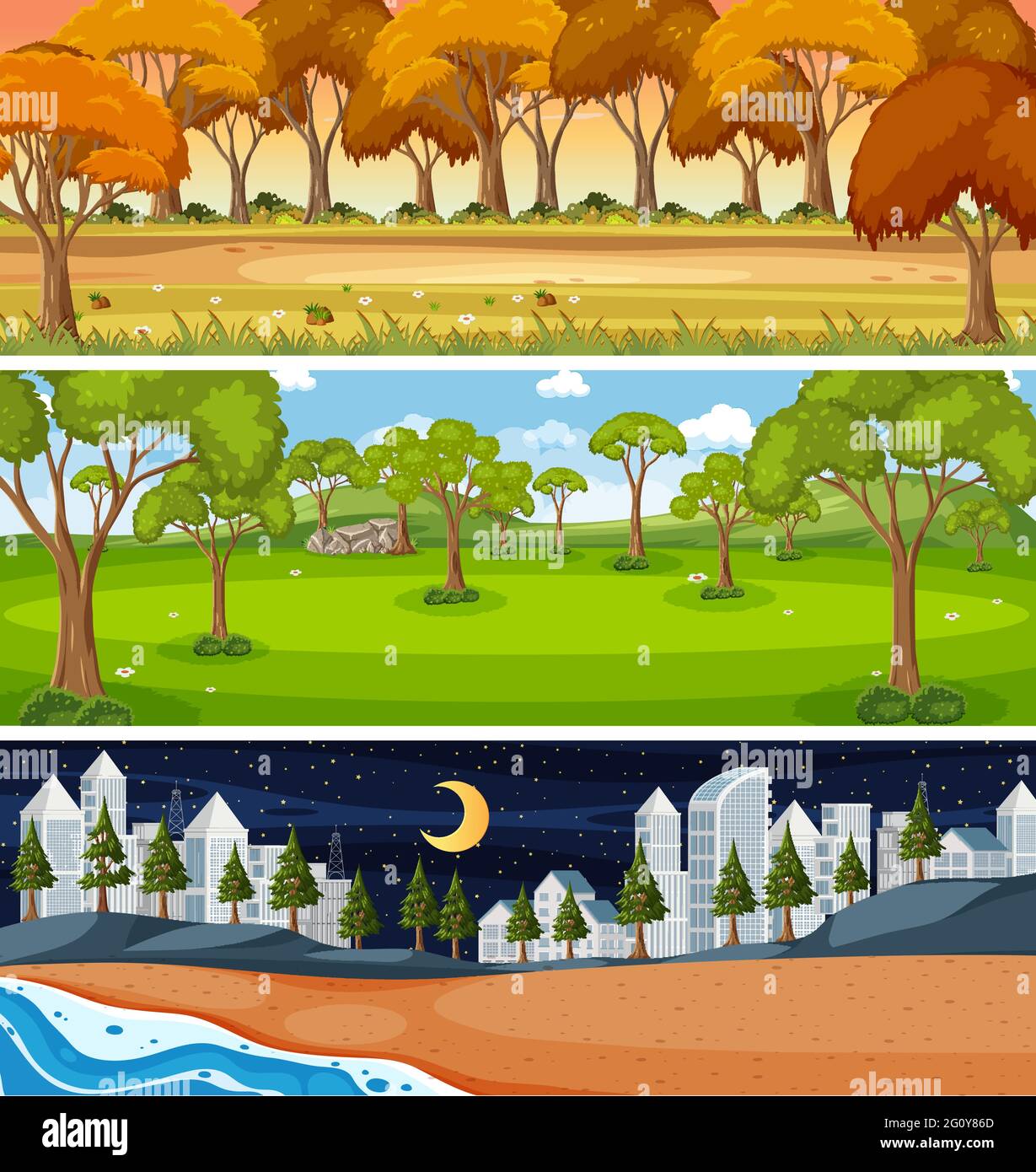 Set of three different nature horizontal scenes illustration Stock ...